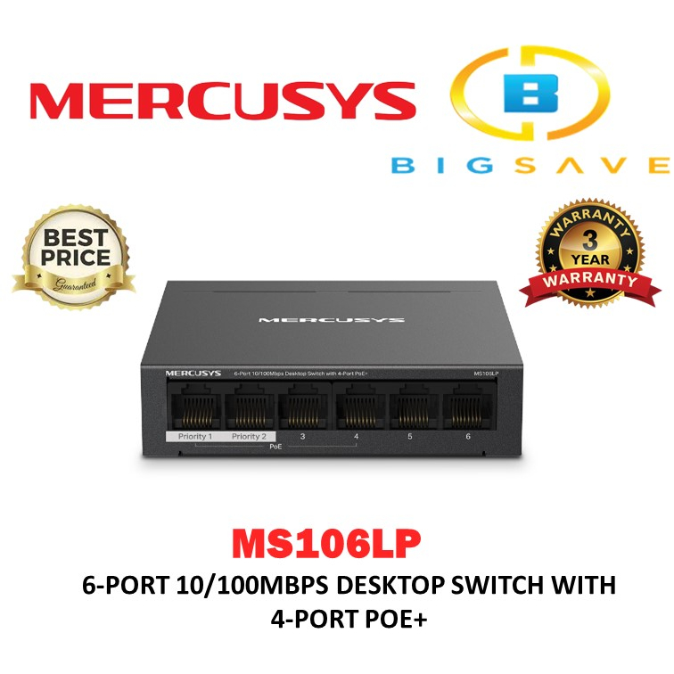 MERCUSYS MS106LP 6-PORT 10/100MBPS DESKTOP SWITCH WITH 4-PORT POE+ ...