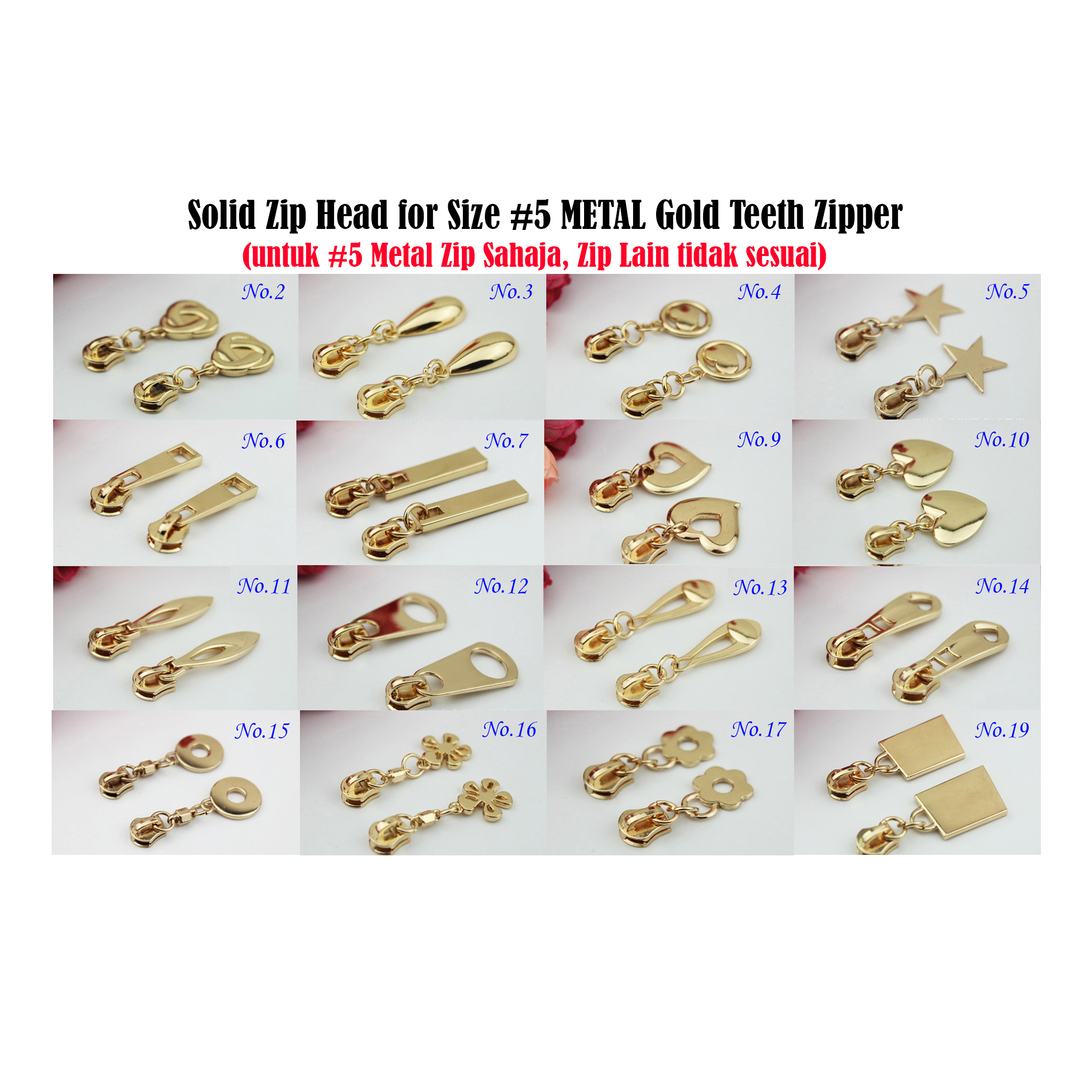 Solid Zip Head for ZIP BESI Size #5 METAL Gold Teeth Zipper Kepala #5 ...