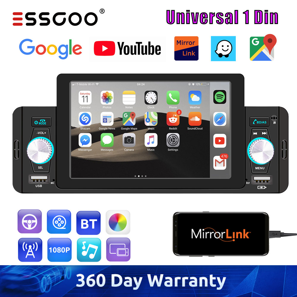 ESSGOO Single1 Din HD Car Player HD IPS Touch Screen Mirrorlink Multimedia MP5 Player Bluetooth ...