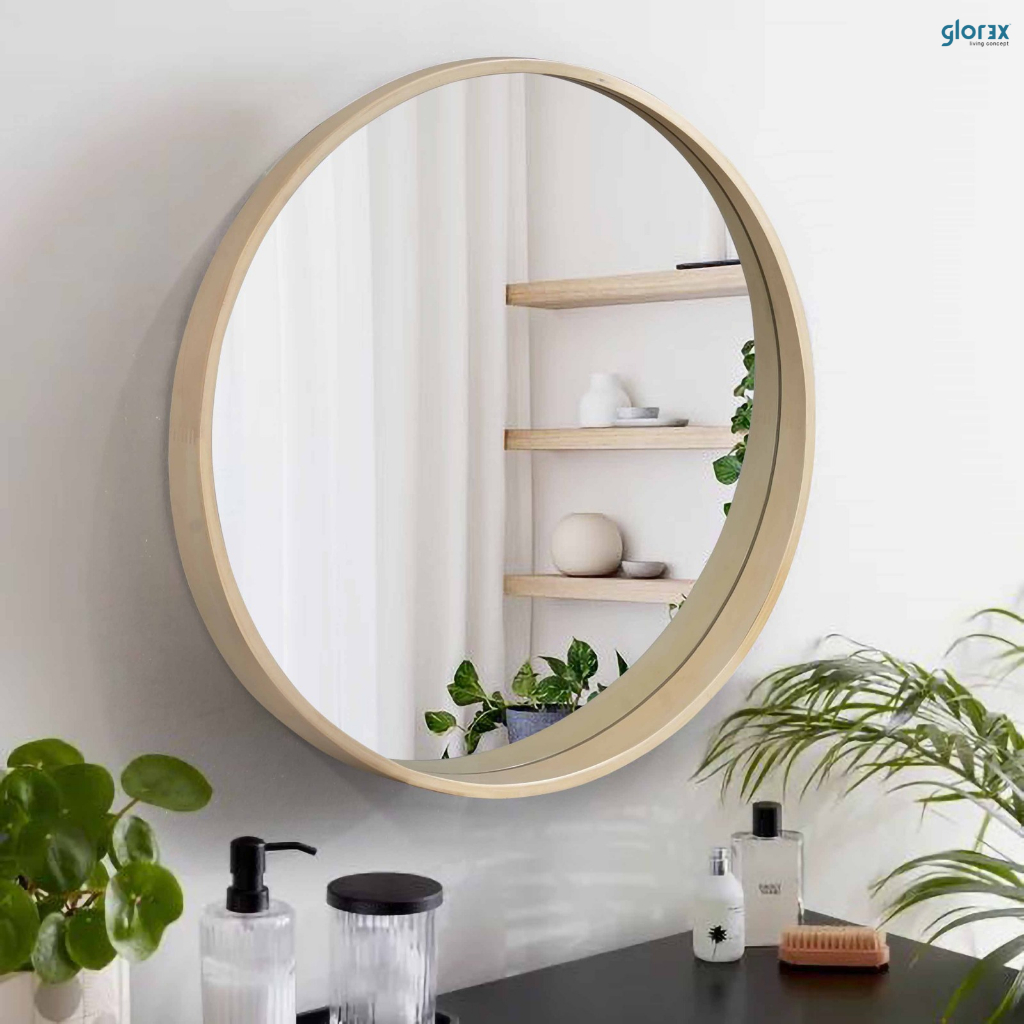 GLOREX(Dia 60cm)Solid Wood Mirror/Wooden Frame/Toilet Cermin Bulat/Round Kayu/Ikea Wood Mirror ...