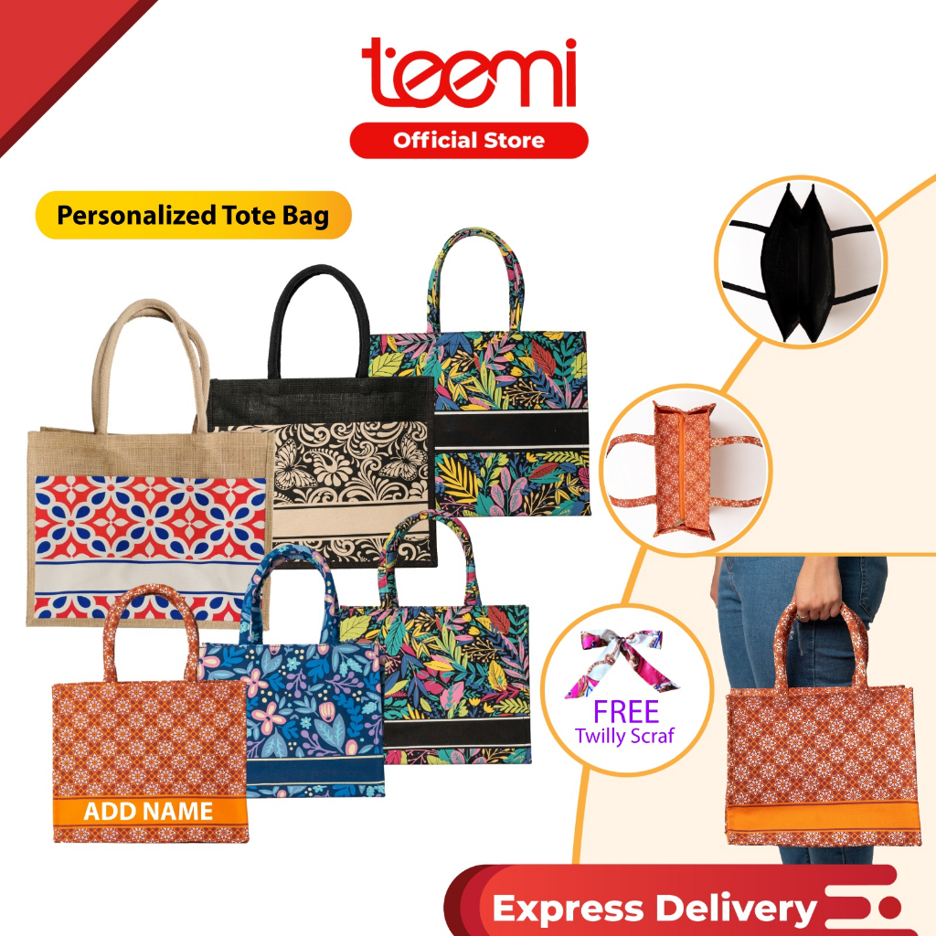 TEEMI Beg Tangan Wanita Letak Nama Personalized Jute Bag Logo Custom ...