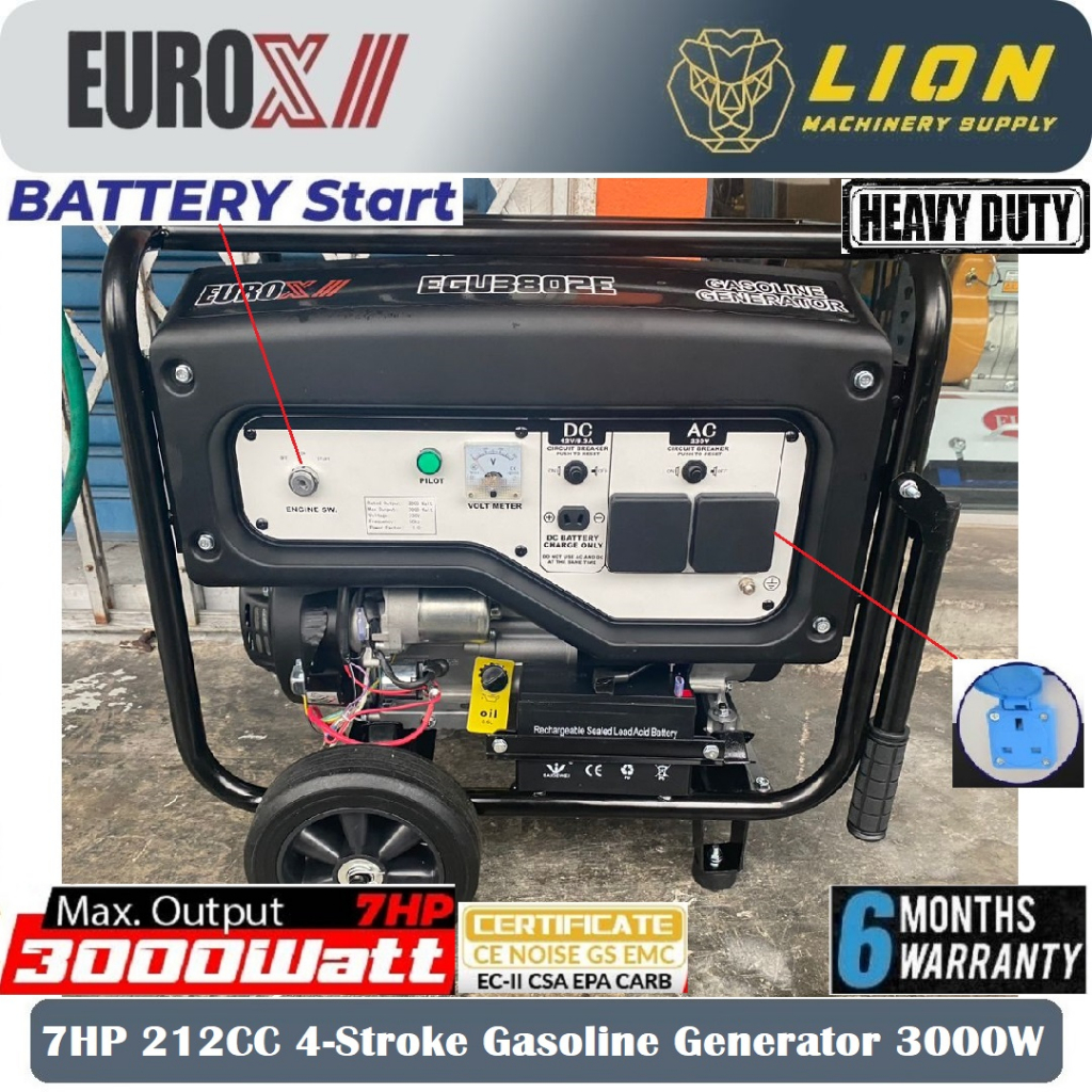 EUROX 3000W 7HP 4-Stroke Gasoline Generator with Electric Key Start ...