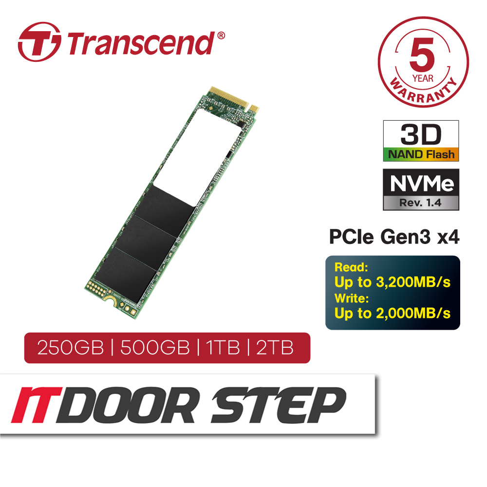 TRANSCEND MTE115S NVME PCIe Gen3 x4 M.2 SSD (250GB/500GB/1TB/2TB), R:3,200MB/s, W:2,000MB/s For ...