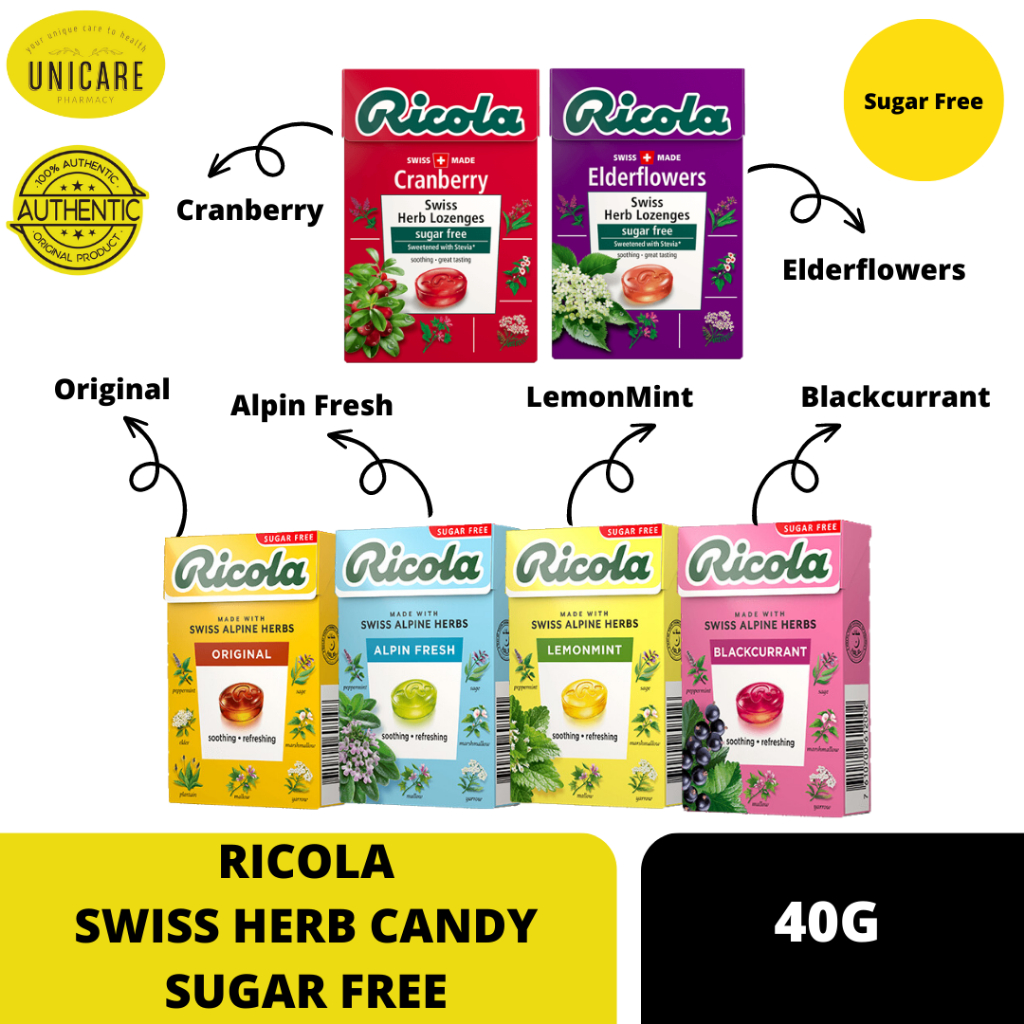 RICOLA SWISS HERB CANDY SUGAR FREE 40G (ORIGINAL/ALPIN FRESH/LEMONMINT/BLACKCURRANT/CRANBERRY ...