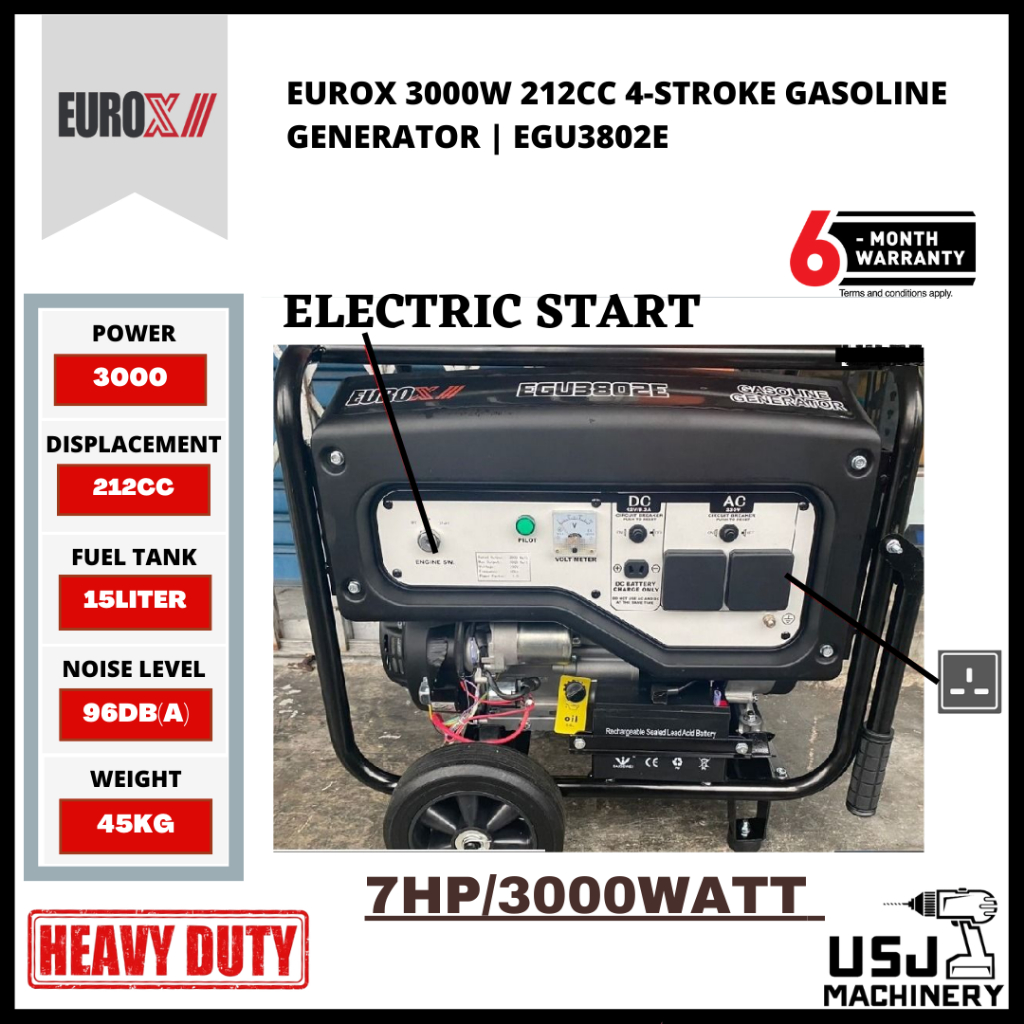 EUROX 3000W 7HP 4-Stroke Gasoline Generator with Electric Key Start EGU3802E - Handle & Big ...