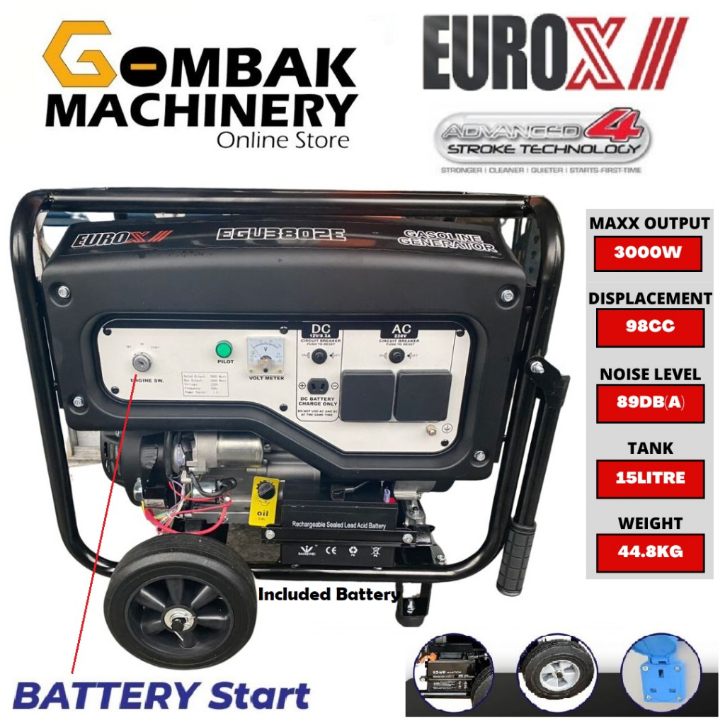 EUROX EGU3802E 3000W 7HP 4-Stroke Gasoline Generator with Electric Key Start - Handle & Big ...