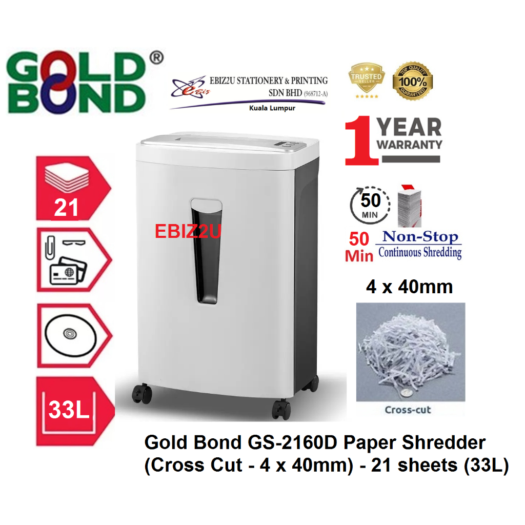 Gold Bond GS-2160D Paper Shredder Cross Cut 4x40mm 21 sheets 33L Heavy ...