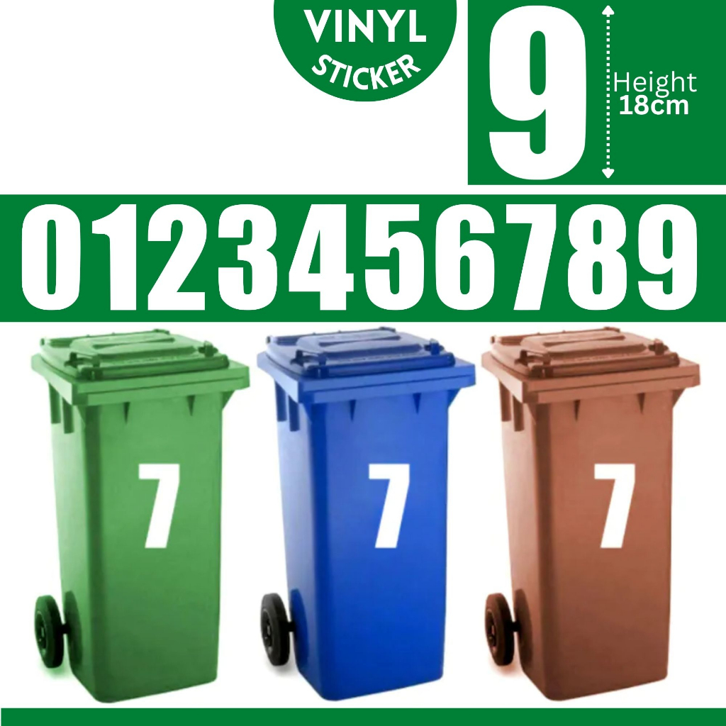 (Ready Stock) Number 18cm 28cm (H) - Vinyl Decal Sticker for Dustbin ...