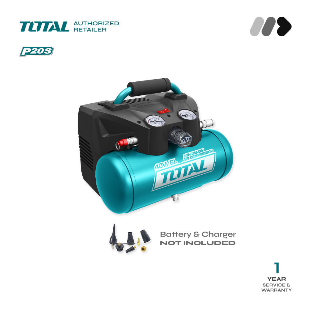 TOTAL Cordless Auto Air Compressor, 20V w/ 6L Tank 135 psi (9.3 bar ...