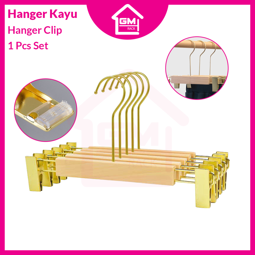 [GMRACK] HANGER CLIP WITH GOLD COLOR CLIPS ,HANGER KAYU KLIP EMAS (1PCS ...