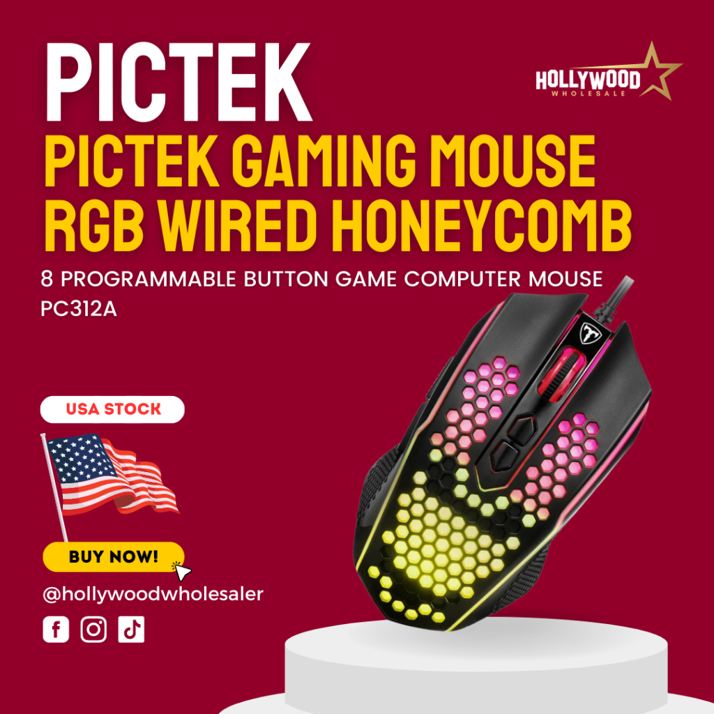 PICTEK Gaming Mouse RGB Wired Honeycomb Mice with 8000DPI Adjustable 8 Programmable Button Game ...