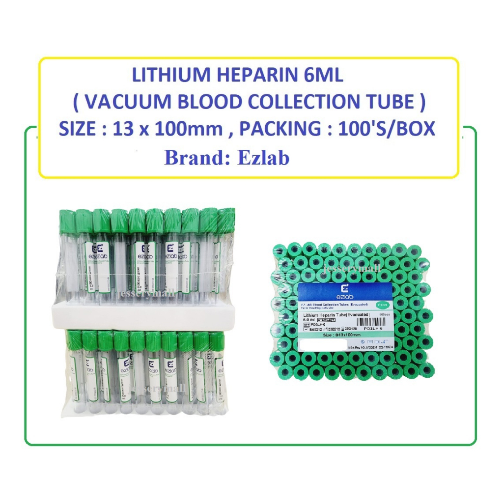EZLAB LITHIUM HEPARIN 6ML ( VACUUM BLOOD TUBE ) 13x100mm - 100'S/BOX ...