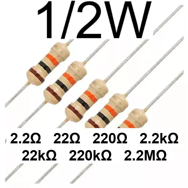 (50pcs) 1/2W Carbon Film Resistor (2.2 ohm to 2.2M ohm) - 5% Tolerance ...
