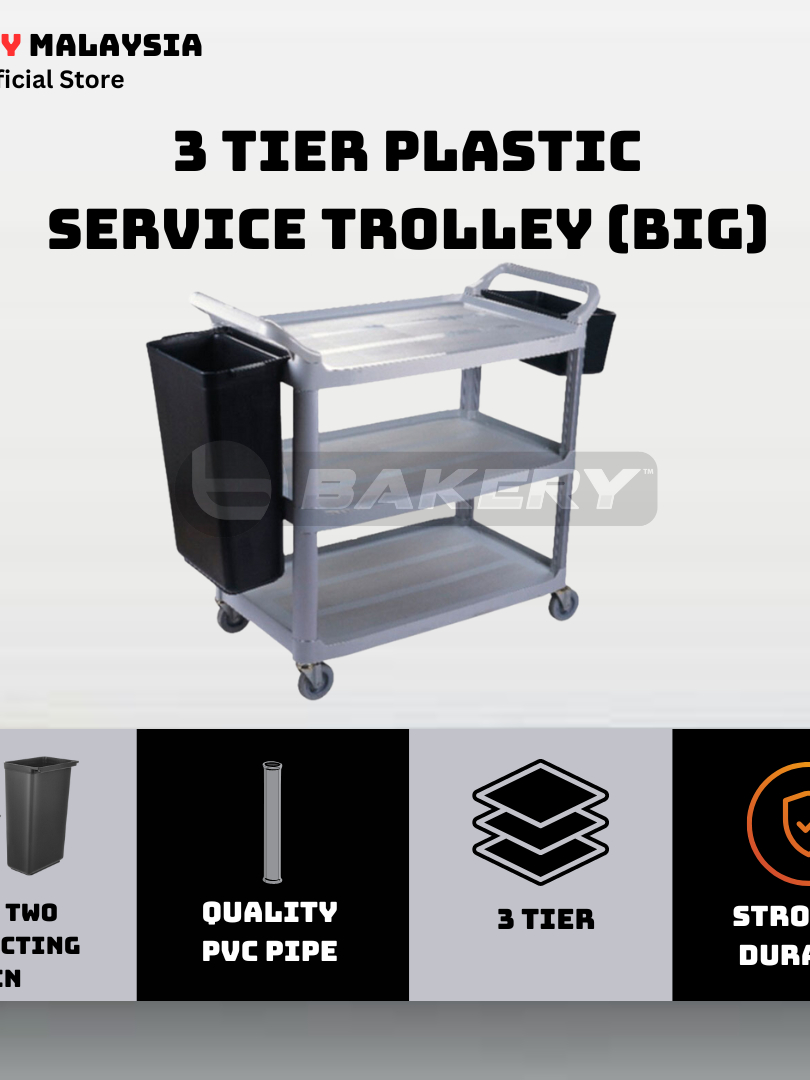 BAKERY Restaurant Dining 3 Tier Plastic Food Kitchen Trolley Cart/Troli ...