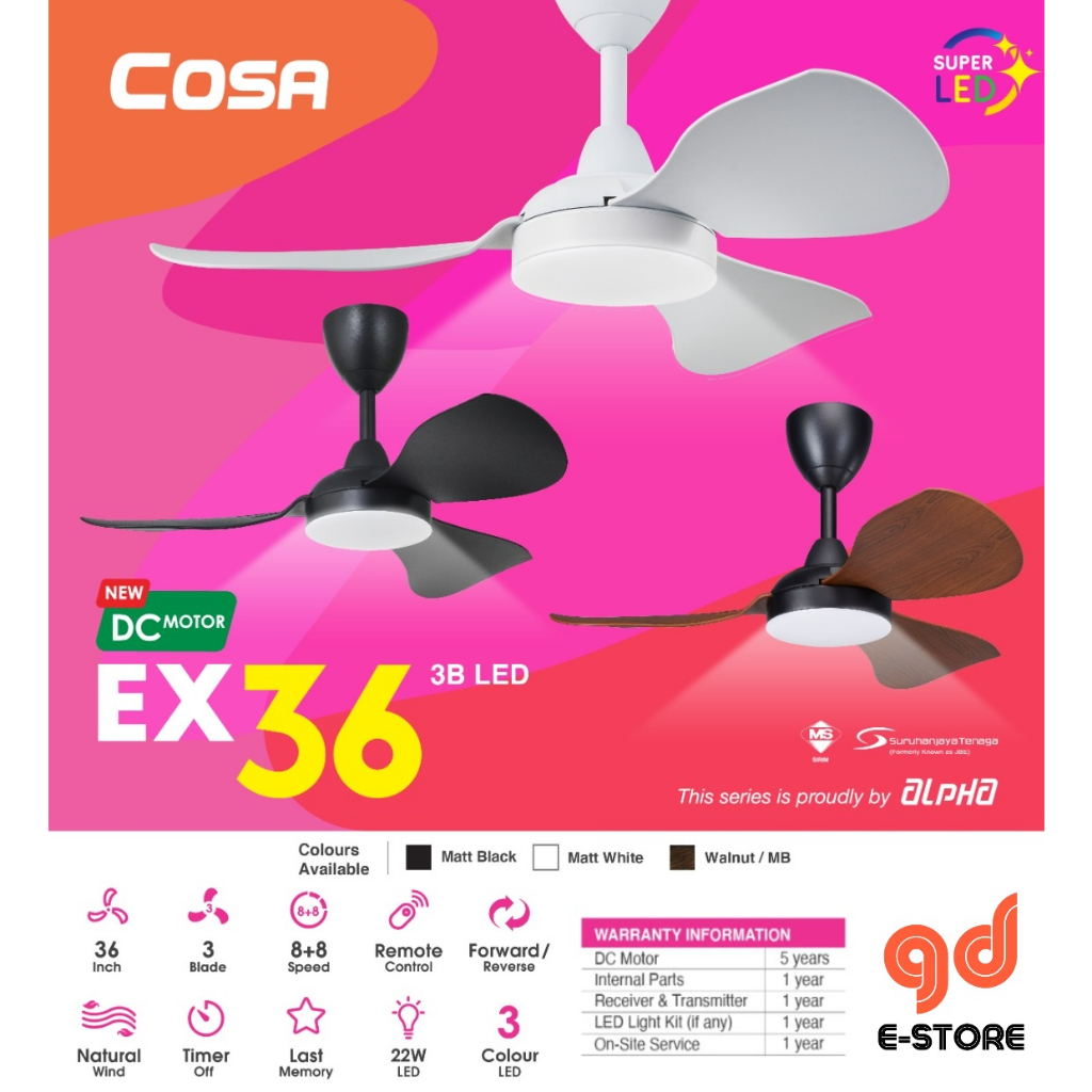 Alpha Cosa EX36 DC Motor Ceiling Fan 3 Blades With LED 36'' 8 Speeds ...