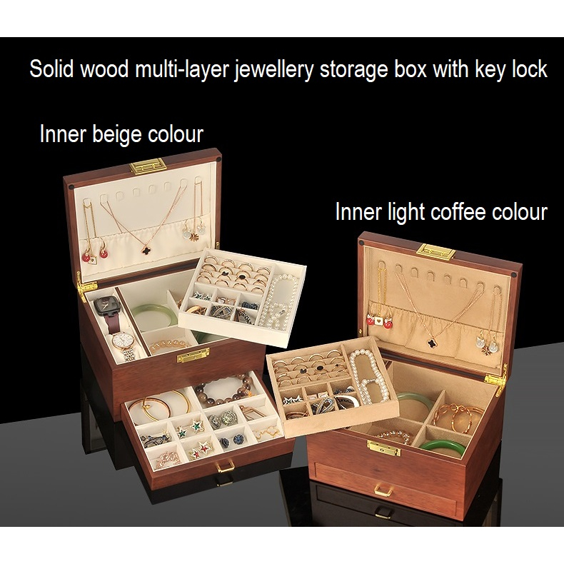 Solid Wood Golden Walnut Multi-layer Jewelry Storage Box Wooden Light ...