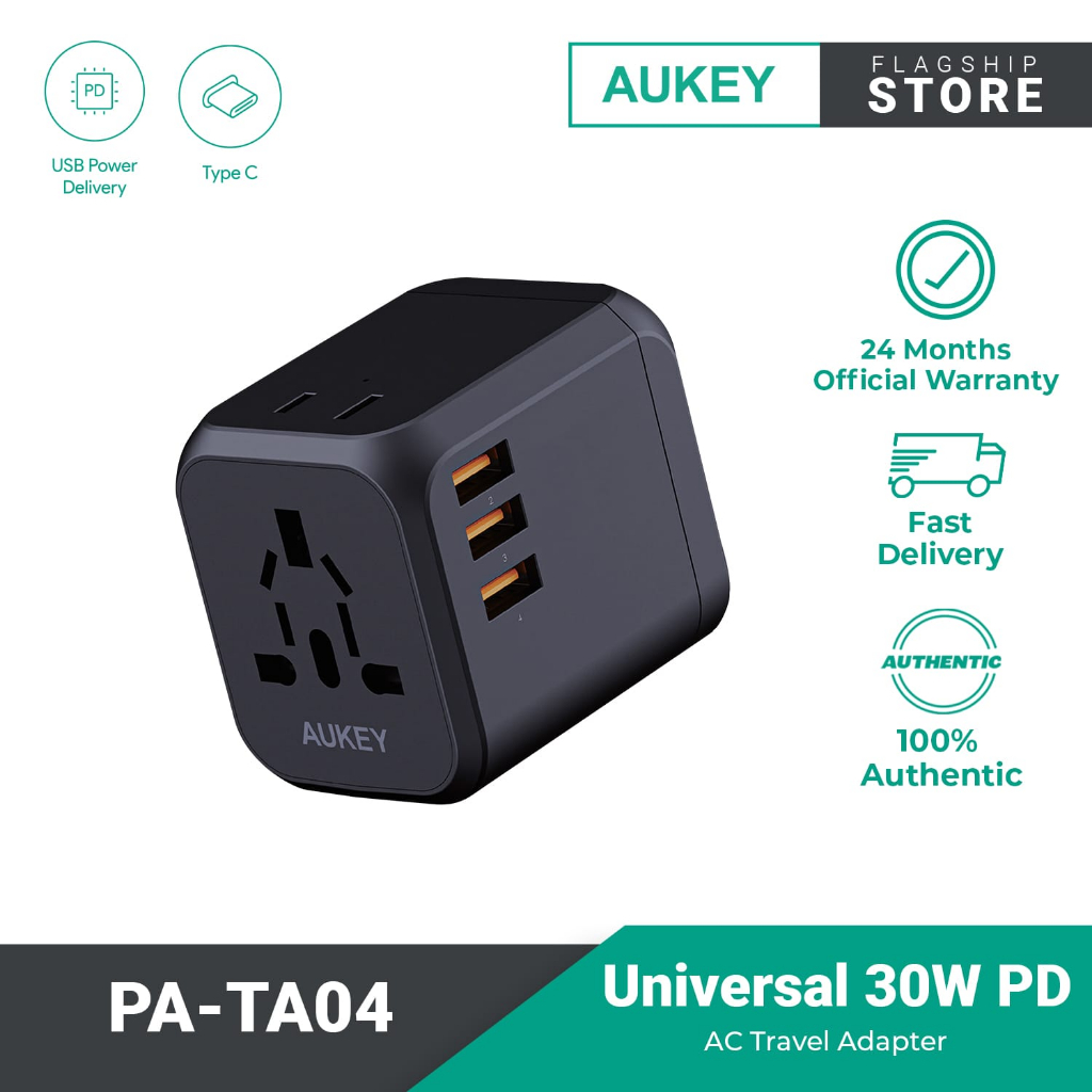 Aukey Universal Travel Adapter With USB-C and USB-A Ports | Shopee Malaysia
