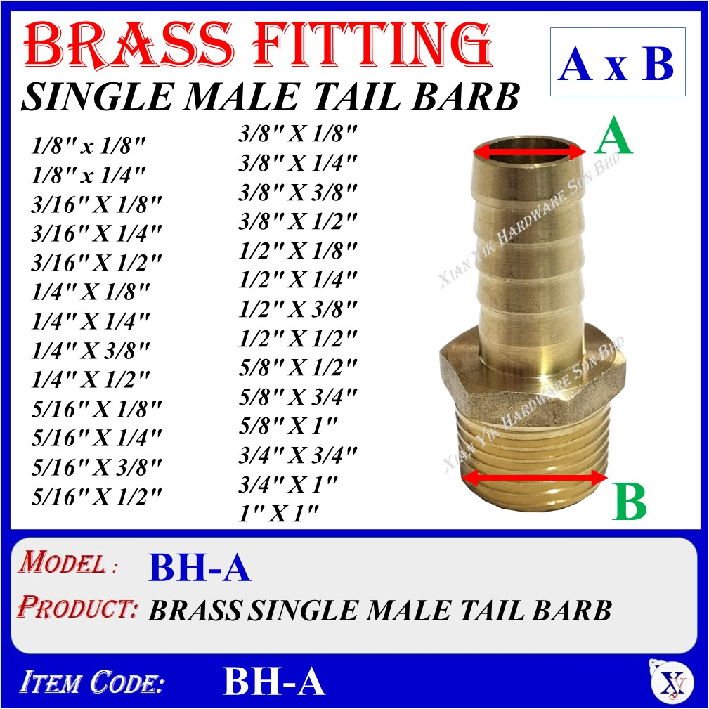 BH-A BRASS SINGLE MALE TAIL BARB - BRASS FITTING (5/8" X 1/2" , 5/8" X ...