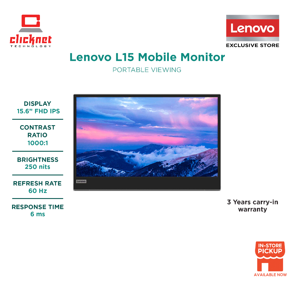 LENOVO L15 MOBILE MONITOR A21156FX0 15.6" FHD 1920X1080 PORTABLE ...