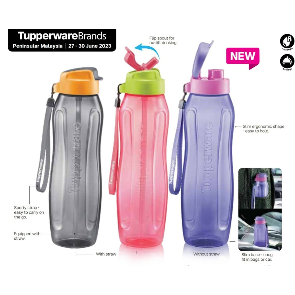 Tupperware Slim Eco Bottle Straw 1L + Strap/ H2GO tumbler 750ml (botol ...