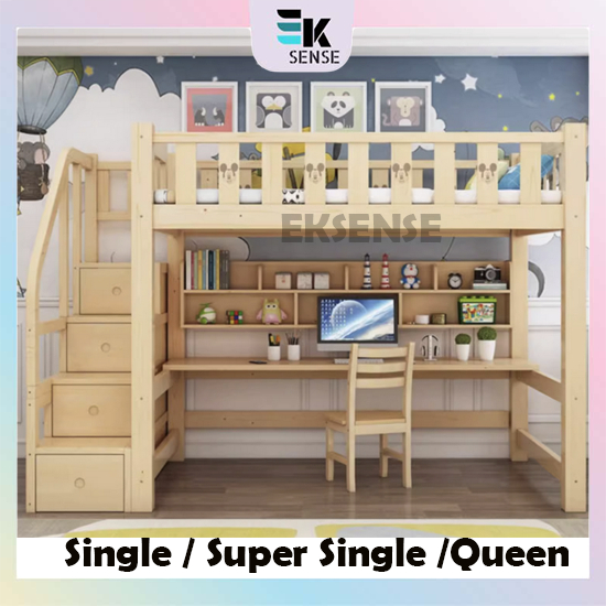 Solid Wood Kids Loft Bed Frame Elevated Bed with Desk Study Table Book ...