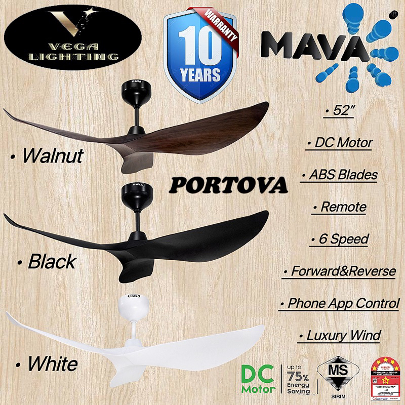 Mava Portova 52” DC Motor 3Blade Remote Control Ceiling Fan/ Kipas ...