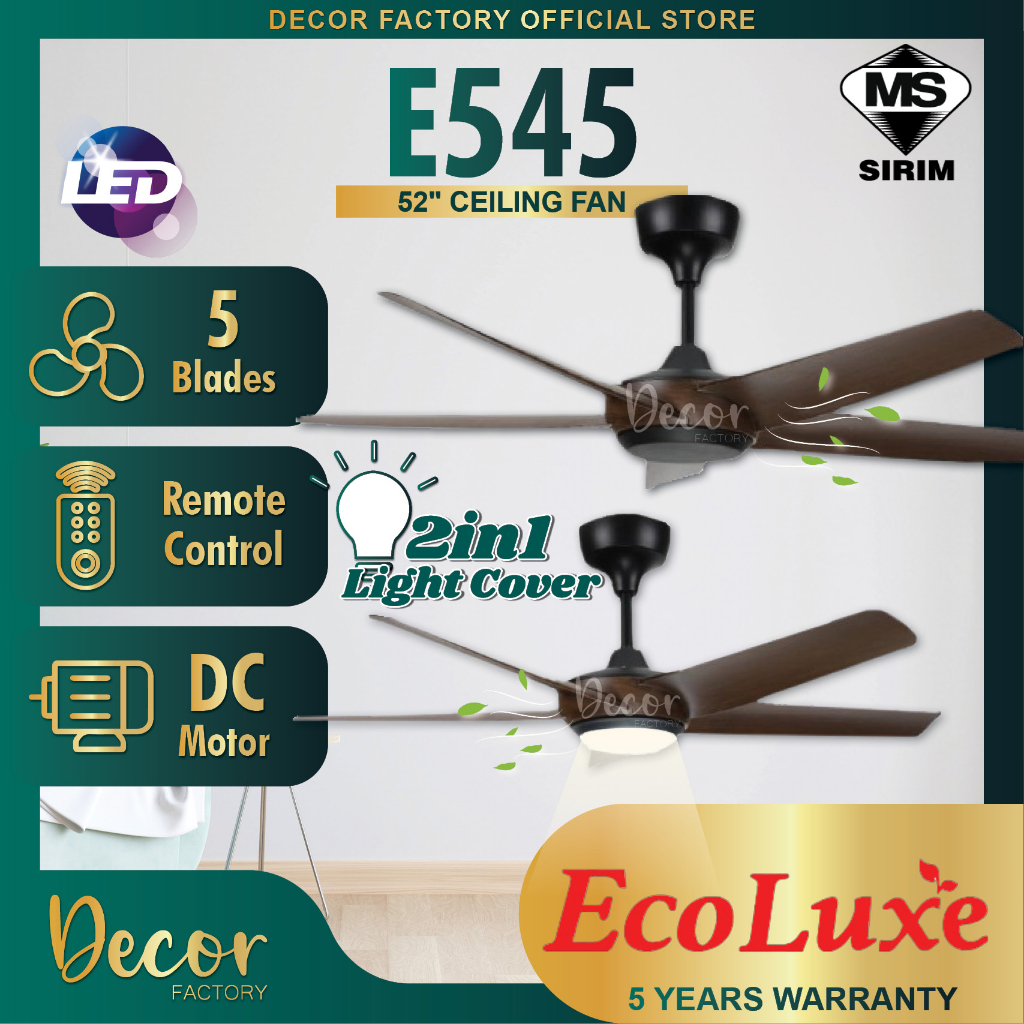 ECOLUXE Fan ECOLUXE E545 52'' 5 Blades 12 Speed Remote Control DC Motor 2 IN 1 Light Cover ...