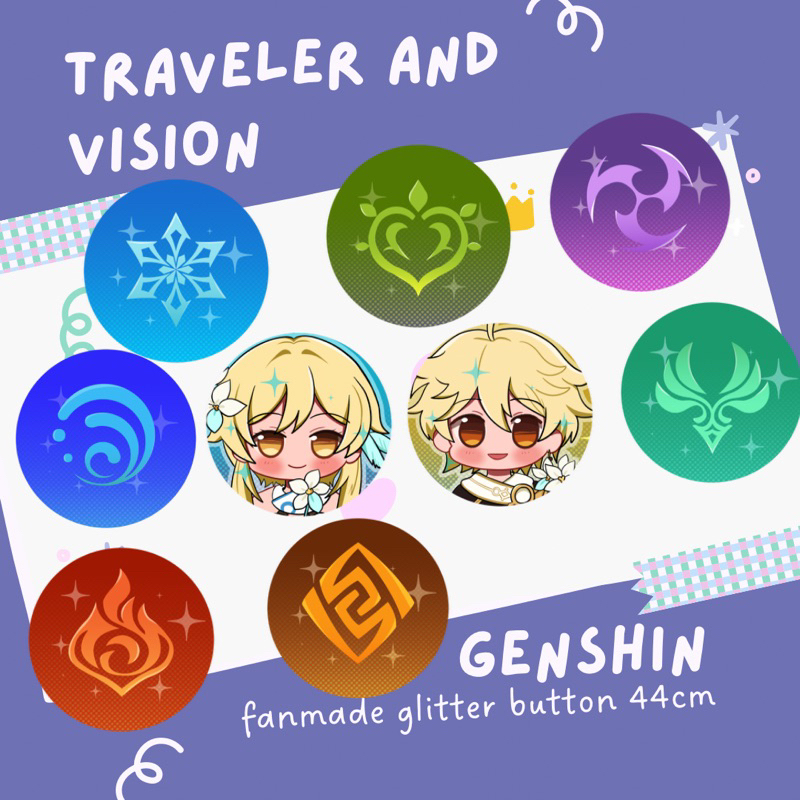 Traveler & Vision Genshin Impact Glitter Button Badge Aether Lumine ...