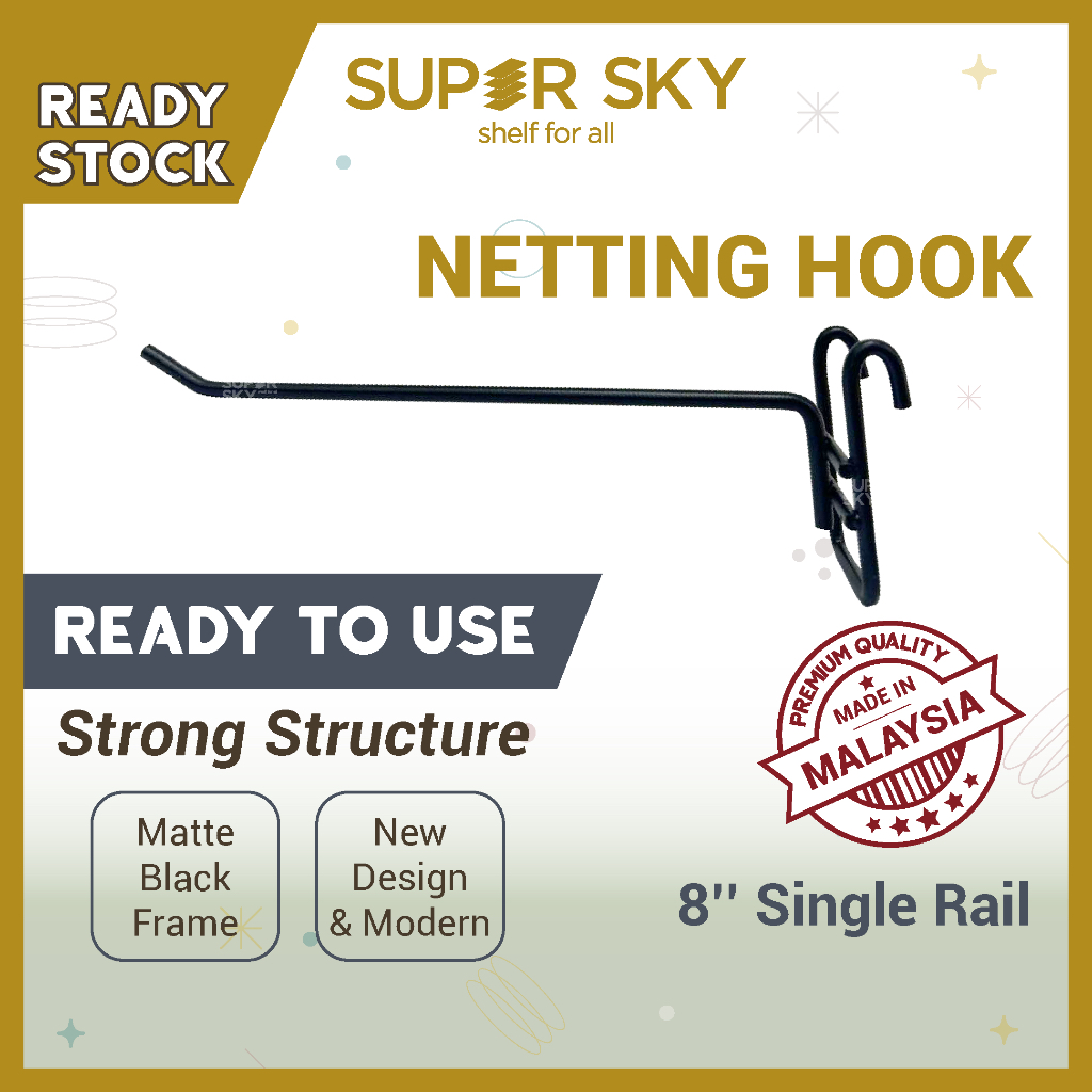 Netting Hook Single Rail 8"Inch 200mm 10 Pc Per Pack By Super Sky ...