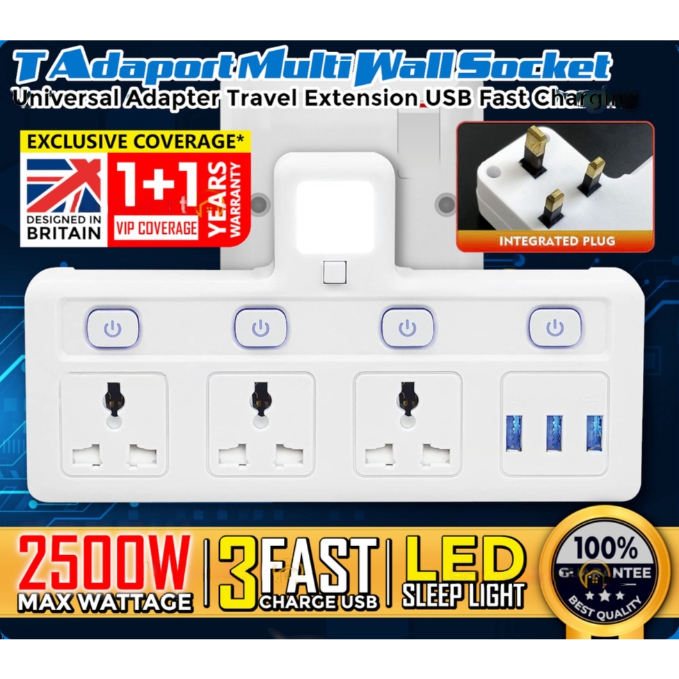 Universal Outlet Adaport T Way Multi Adaptor 3 Pin Usb Wall Extension Plug Trailing Socket