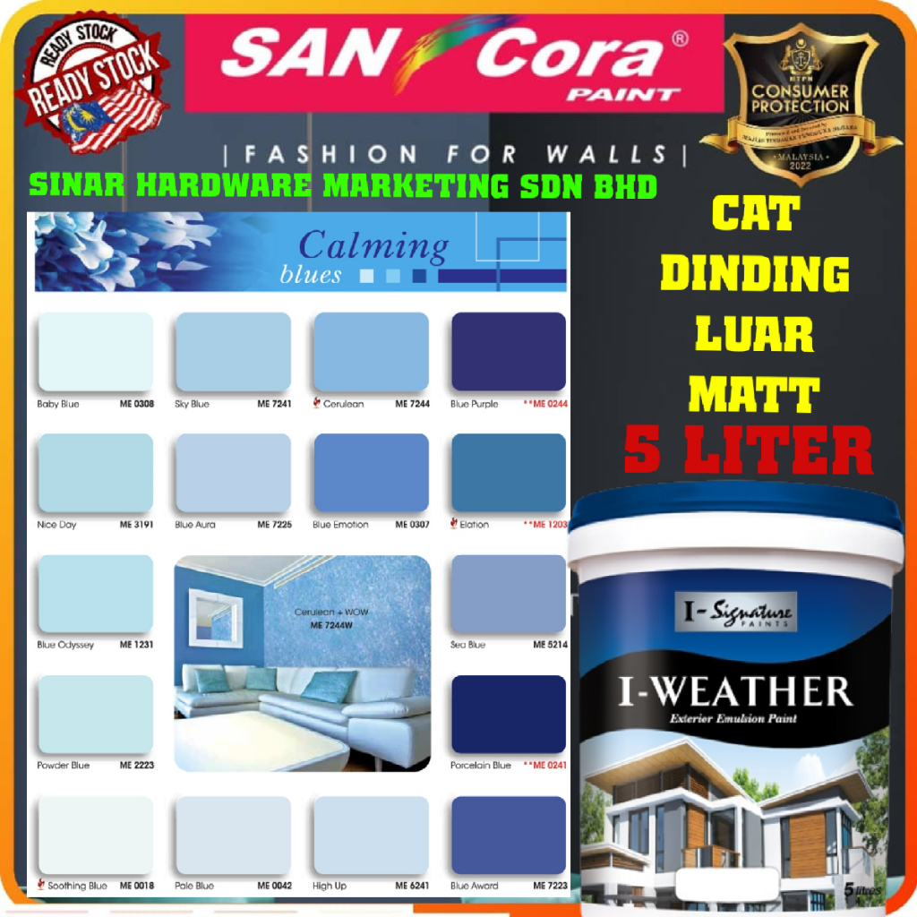 SINAR SANCORA I WEATHER 5 LITER EXTERIOR WALL MATT PAINT CALMING BLUE ...