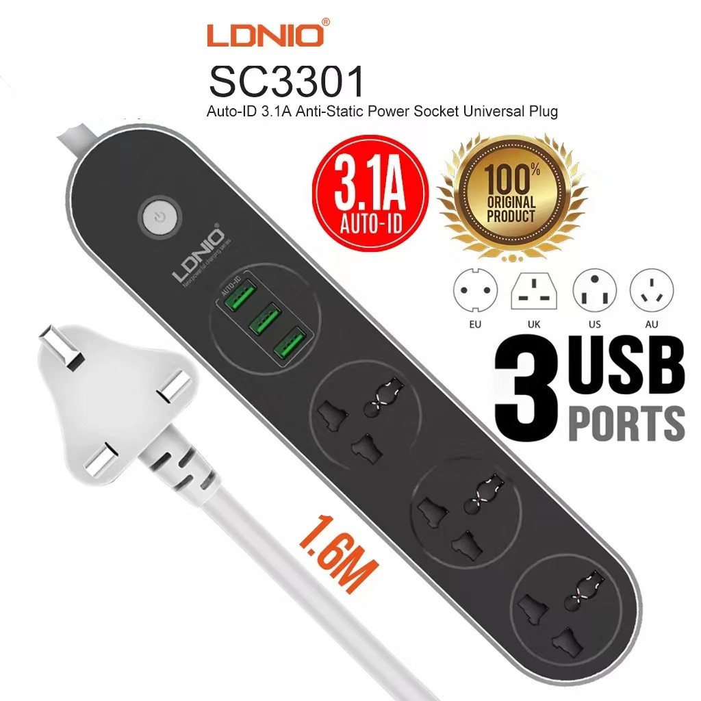 LDNIO SC3301 2500W Power Socket Charger / 3 AUTO-ID 3.1A USB Output / 3 ...