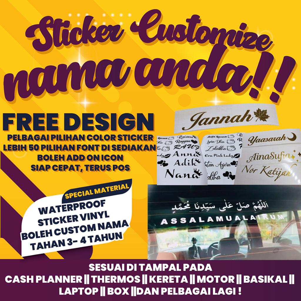 VYNIL STICKER-CUSTOM NAME || CASH PLANNER || THERMOS || KERETA/MOTOR ...