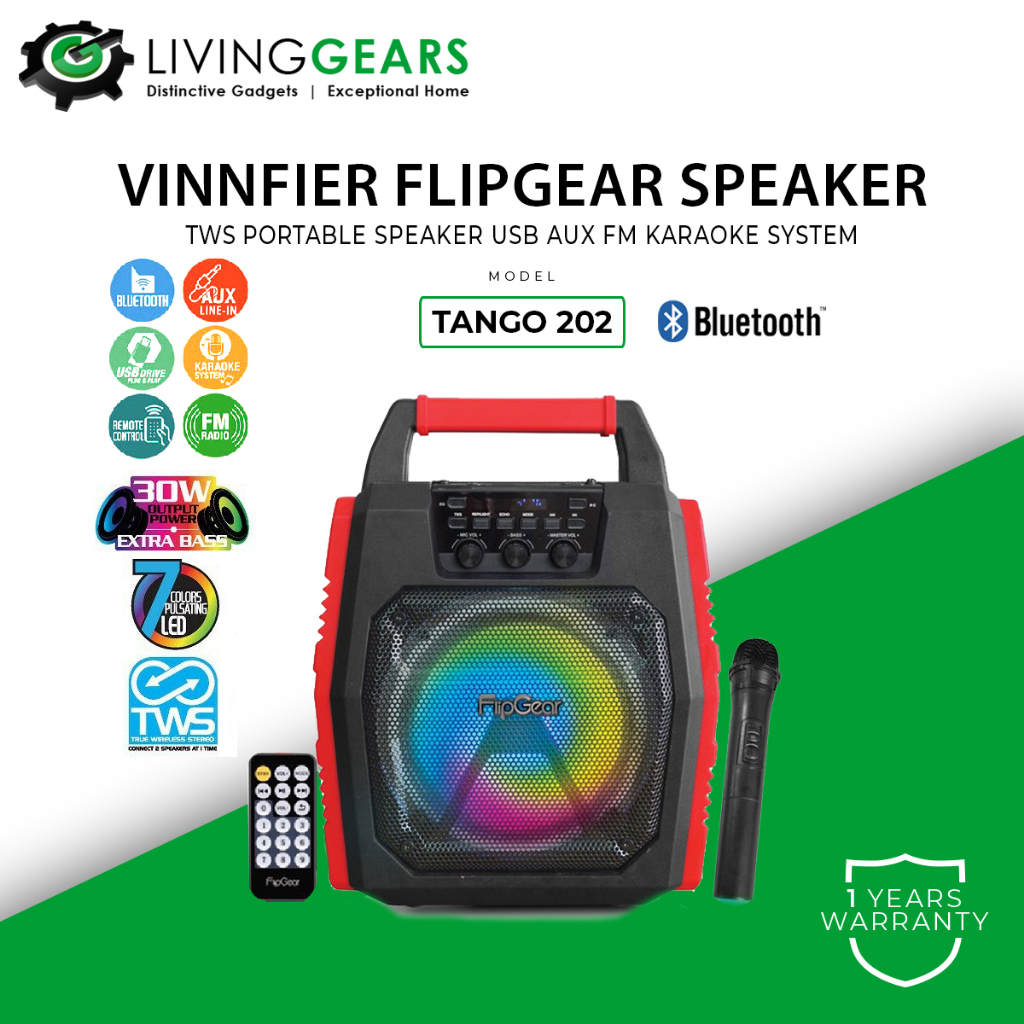 Vinnfier FlipGear Tango 202 PRO BTRM TWS Wireless Portable Bluetooth Speaker with Wireless Mic ...