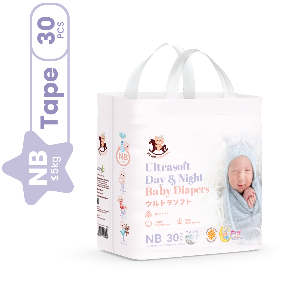 Iconic Babycare Ultrasoft Day & Night Baby Diaper Tape NB30/S56/M52/L48 ...
