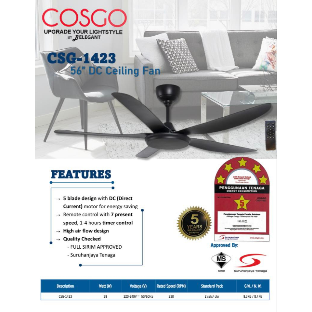 COSGO Ceiling Fan DC Motor 56'' Remote Control 14speed Timer Kipas ...
