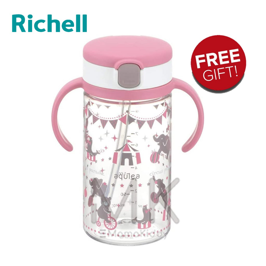 Richell Aqulea Clear Straw Bottle Mug Baby Kids Bottle 450ml/320ml/200ml (Navy Blue/ Pink/Yellow ...