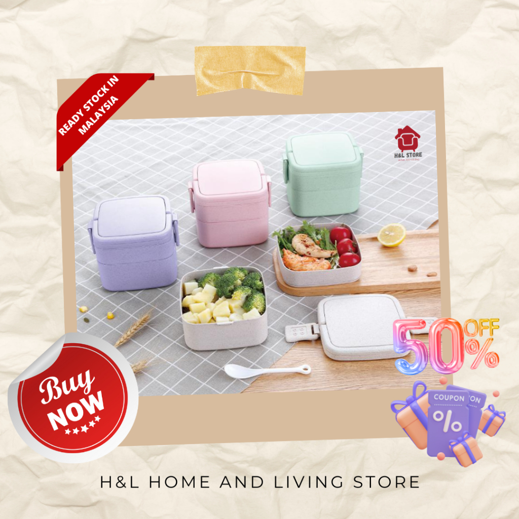 Portable Korean 2 Layer Wheat Straw Trendy Lunch Box 1200ml With Spoon ...