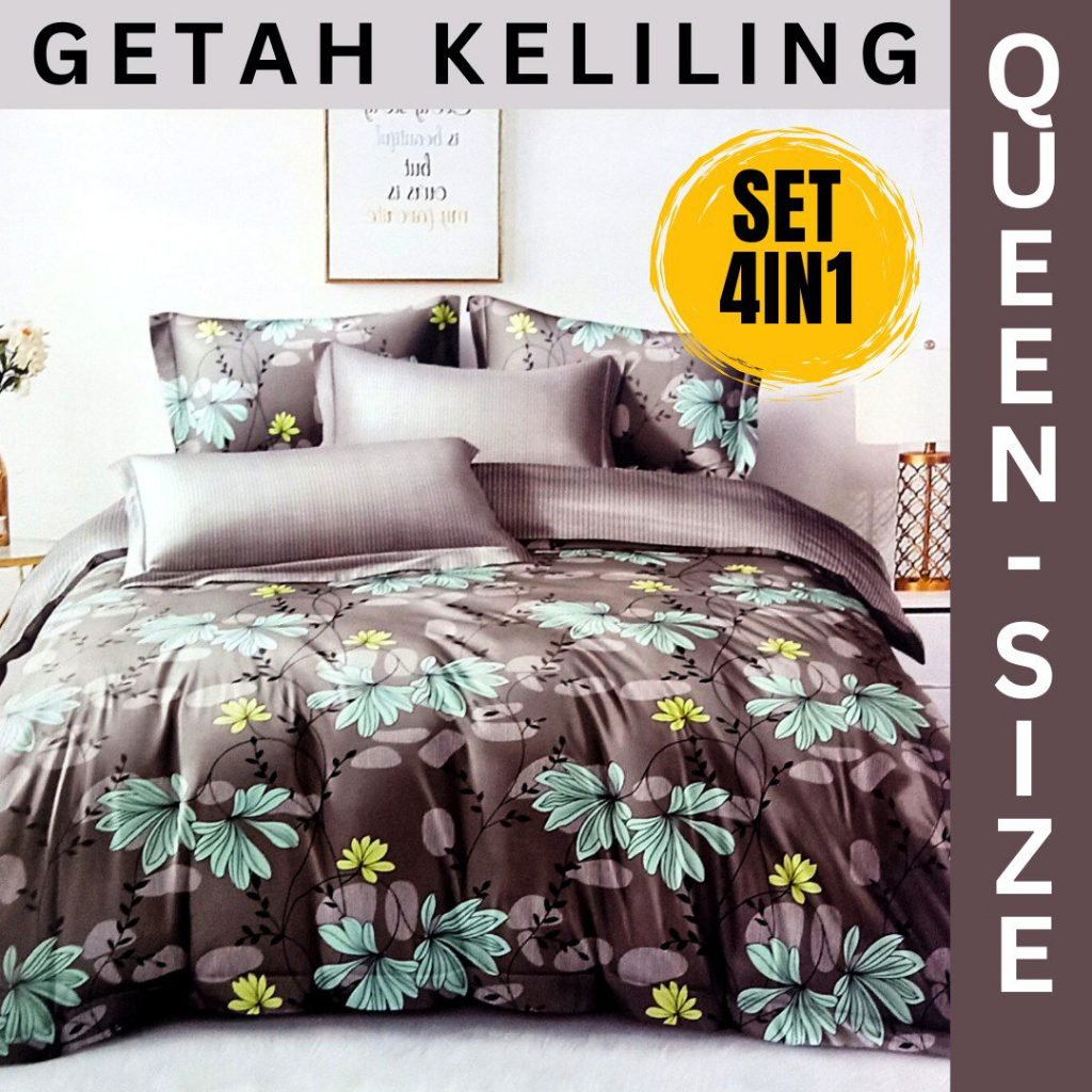 CADAR SIZE QUEEN FITTED HIJAU BERFLORAL (GETAH KELILING CADAR) 4IN1 ...