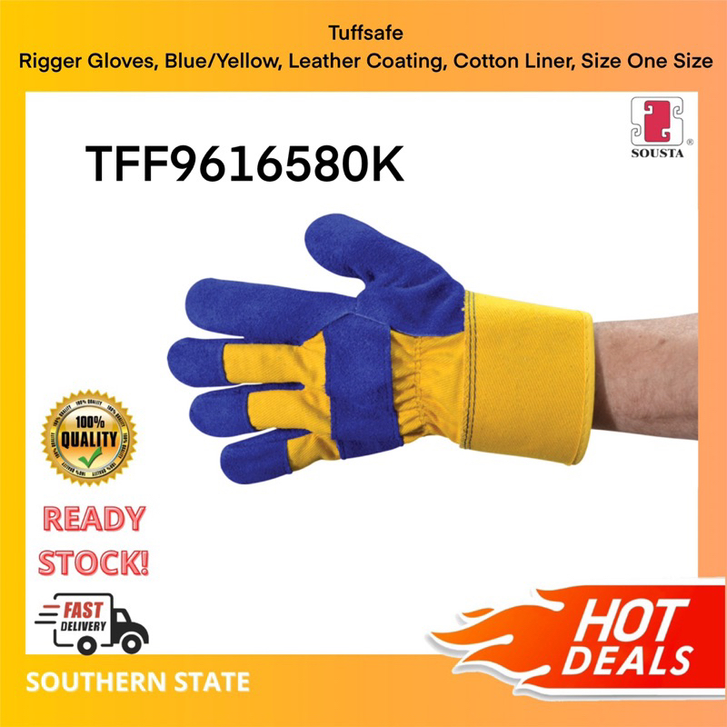 Tuffsafe Rigger Gloves, Blue/Yellow, Leather Coating, Cotton Liner ...