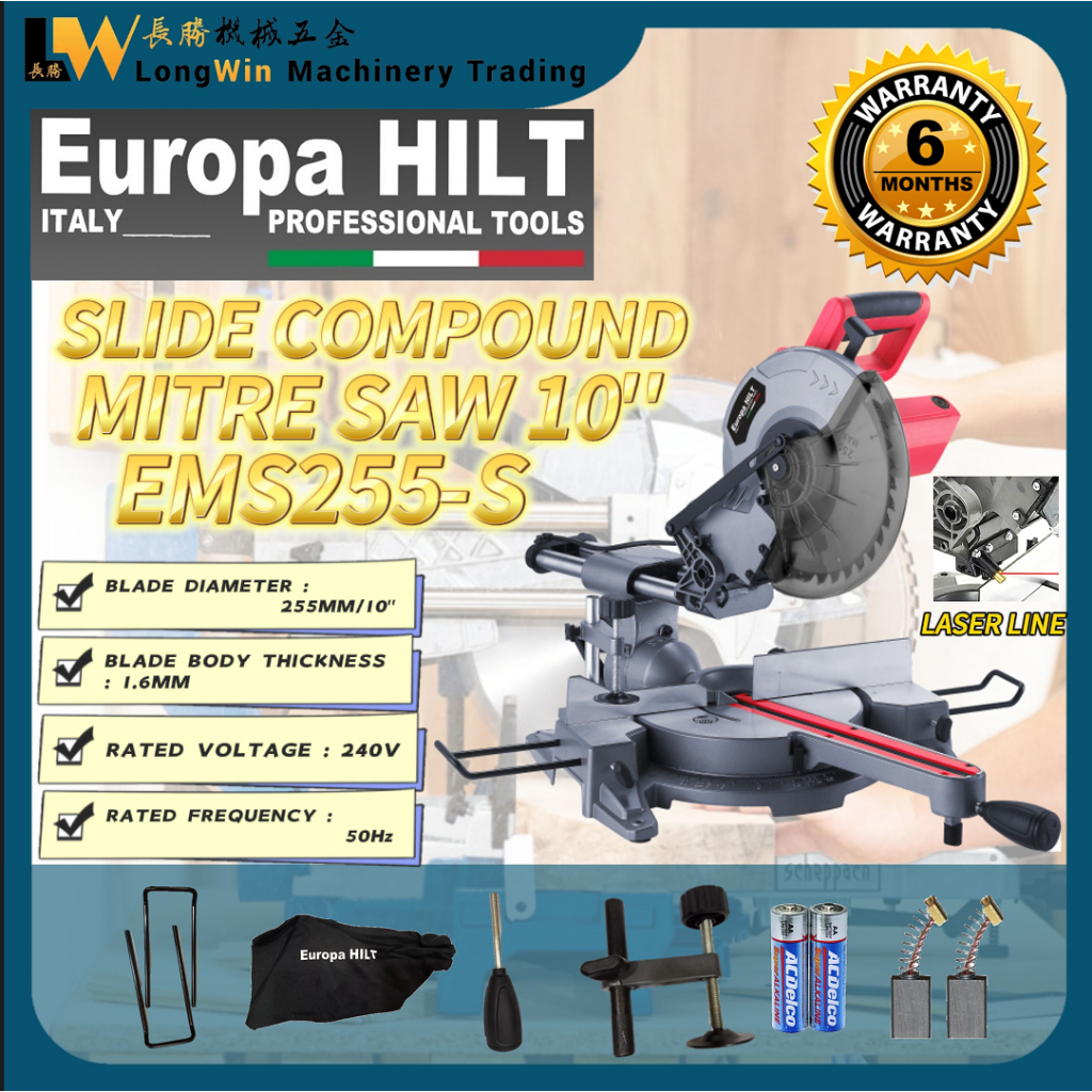 Europa HILT EMS255-S Slide Compound Miter Saw 10'' 1800W 5000RPM Laser ...