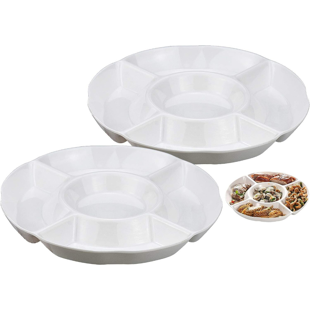 White Ceramic Divided Round Plate/ 5 Section Divided Snack Plate for ...