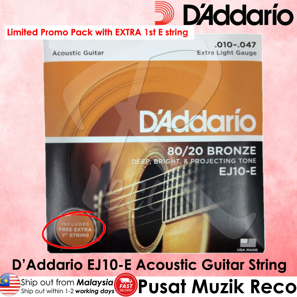 D'Addario EJ10 80/20 Bronze Acoustic Guitar Strings Extra Light 10-47 ...