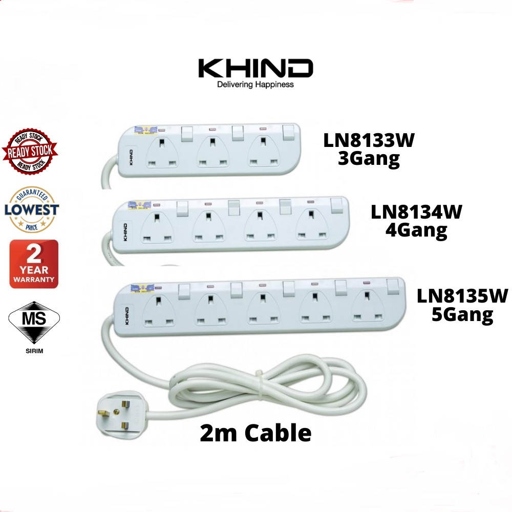 [sirim] Khind 13a 2 Meter Trailing Plug Extension Electric Power Portable Socket W Neon Light