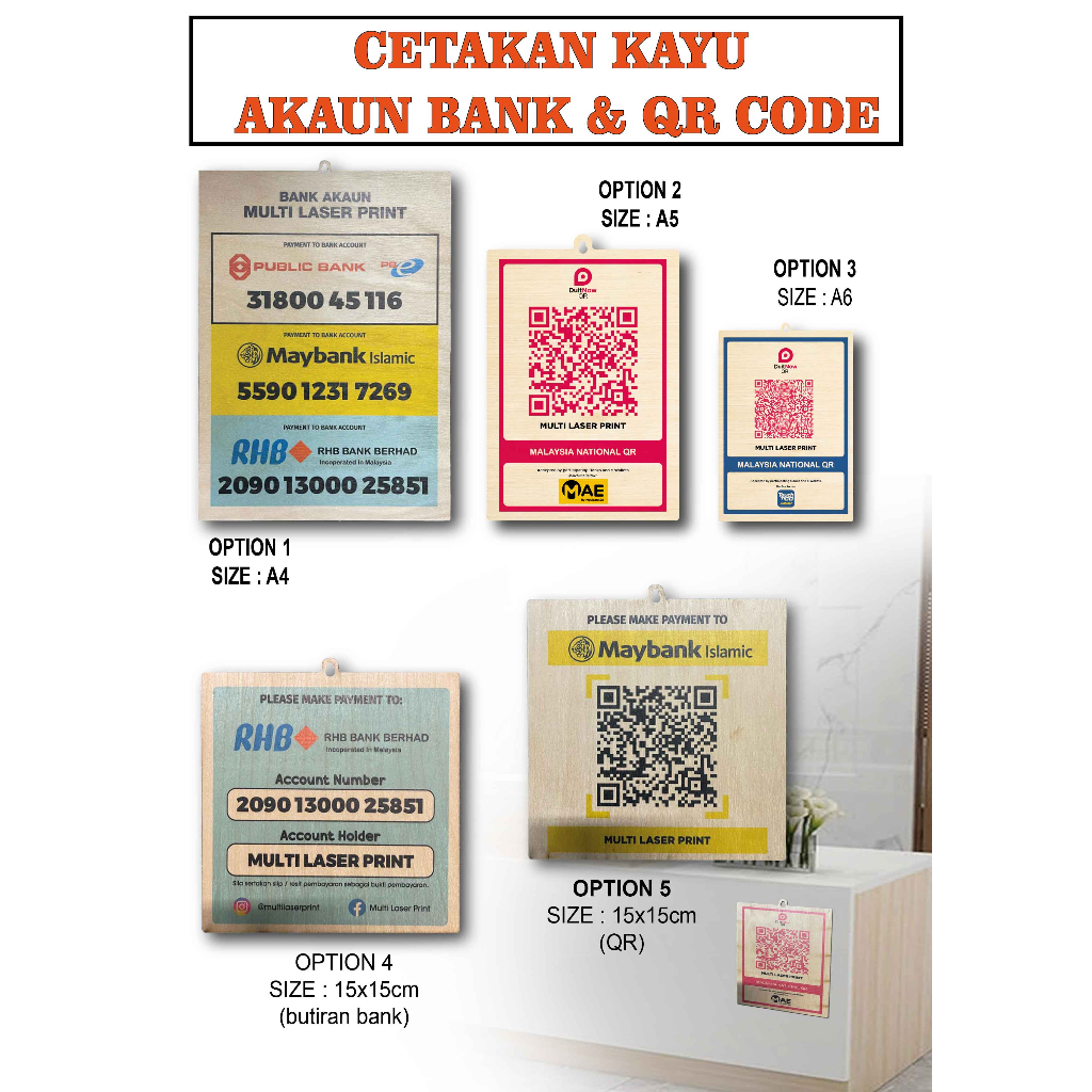 Hanging Wooden Signage UV Colour Print / QR Code / E wallet / Duit Now ...