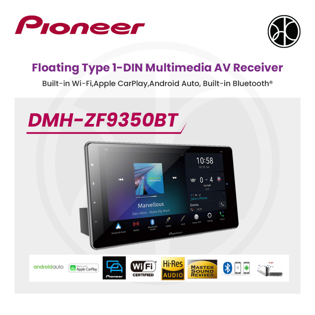 Pioneer DMH-ZF9350BT Floating Type 1-DIN Multimedia AV Receiver (With Apple CarPlay & Android ...