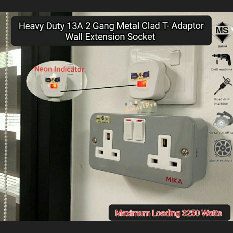 Heavy Duty 2 Gang 13A Metal Clad T-Adaptor Wall Extension Wire Socket ...