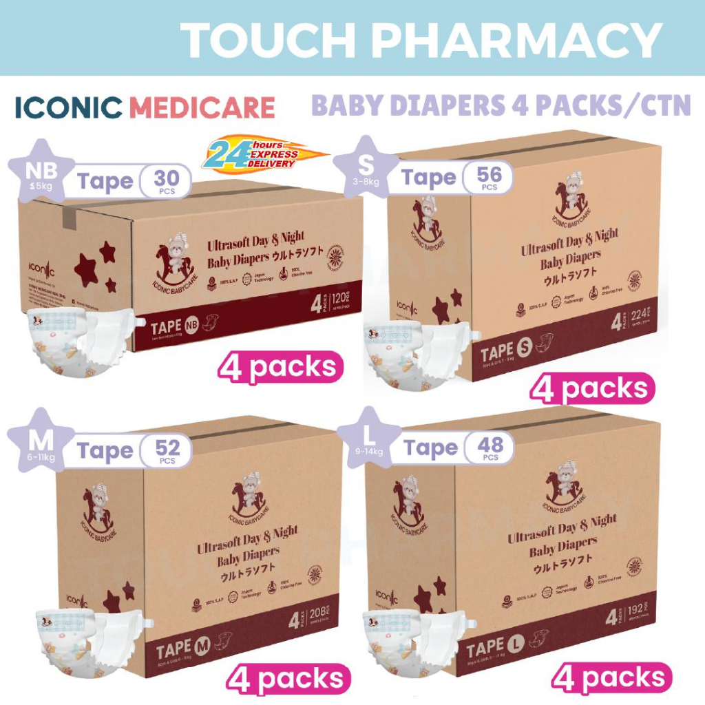 ICONIC Babycare Baby Diaper Tape NB-30's/S-56's/L-52's/XL-48's (1 ...