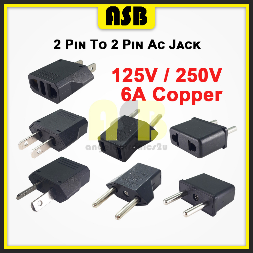(1pc) 2 Pin To 2 Pin AC Jack Plug Converter Travel Adapter (6A) Adaptor ...