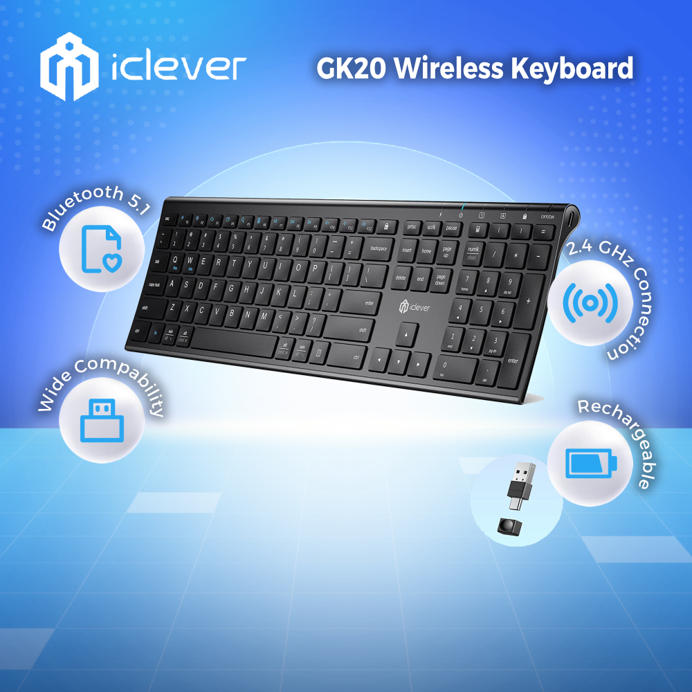 iClever GK20 2.4G Wireless Keyboard, USB-C Rechargeable Stainless Steel UltraSlim Full Size ...